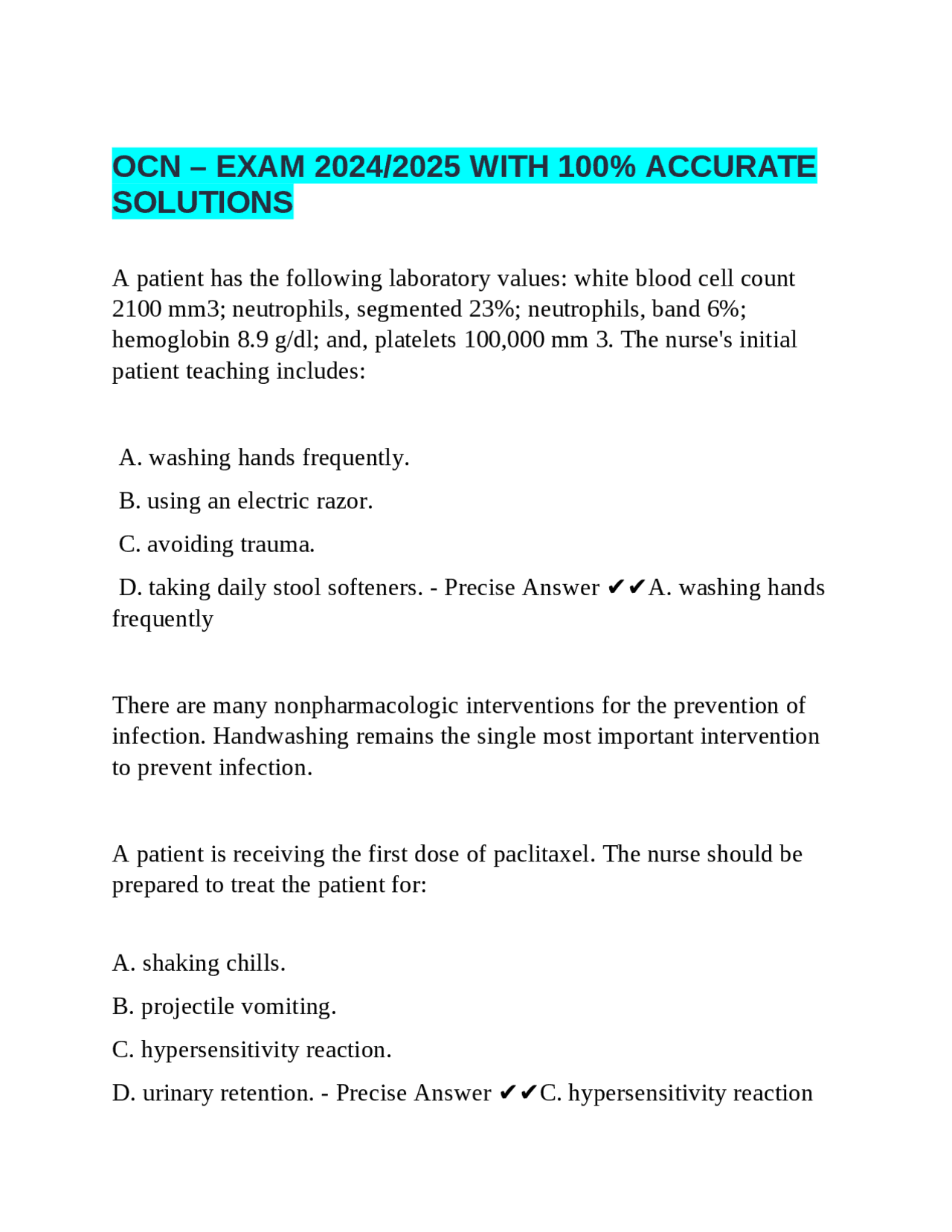 Oncology Exam Questions and Answers | Exams Nursing | Docsity