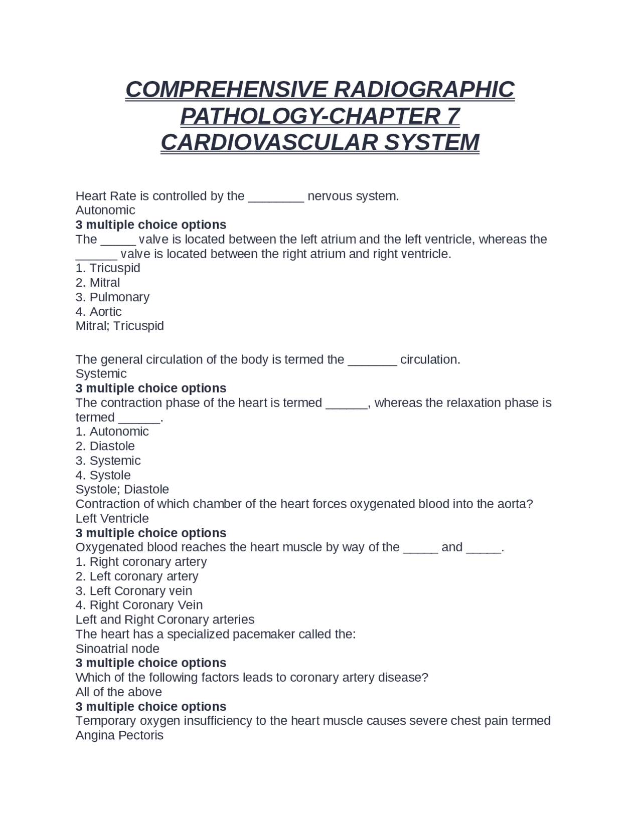 Cardiovascular System: Multiple Choice Questions and Answers | Exams ...