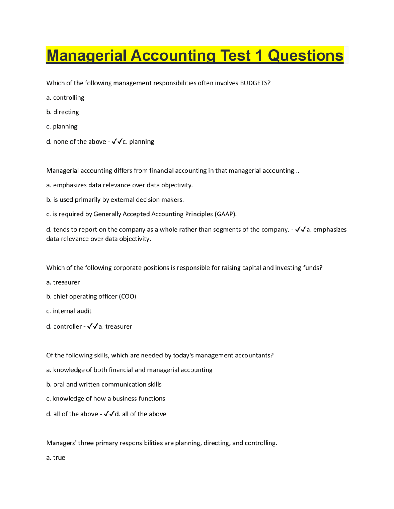 Managerial Accounting Test 1 Questions and Answers | Exams Accounting ...