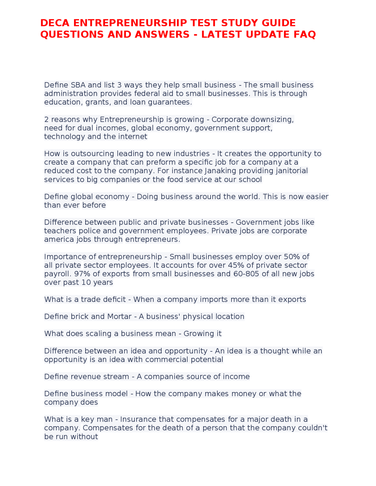 DECA ENTREPRENEURSHIP TEST STUDY GUIDE QUESTIONS AND ANSWERS - LATEST ...