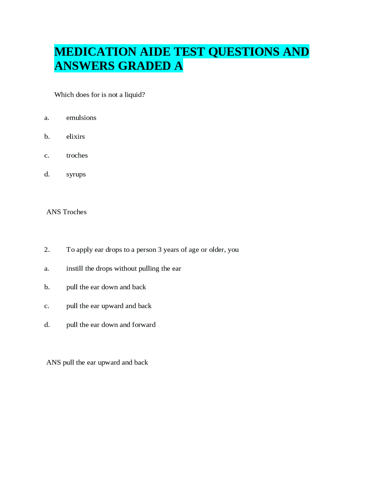 Medication Aide Test Questions and Answers | Exams Nursing | Docsity