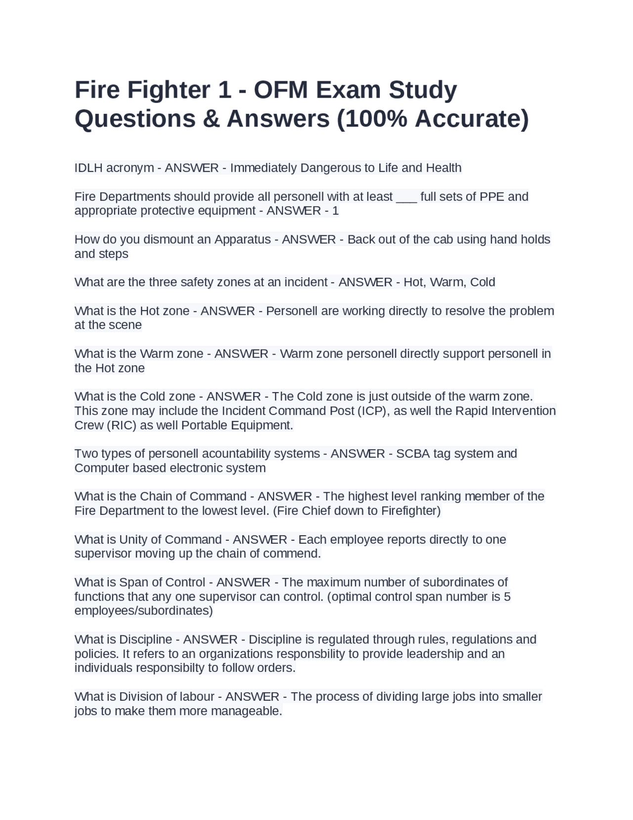 Fire Fighter 1 - OFM Exam Study Questions & Answers (100% Accurate ...