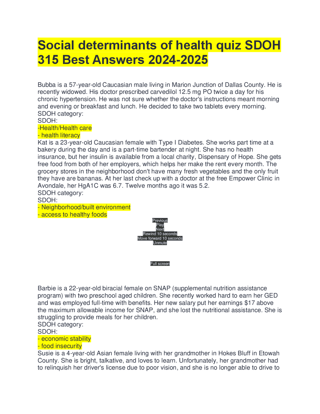 Social determinants of health quiz SDOH 315 Best Answers 2024-2025 ...
