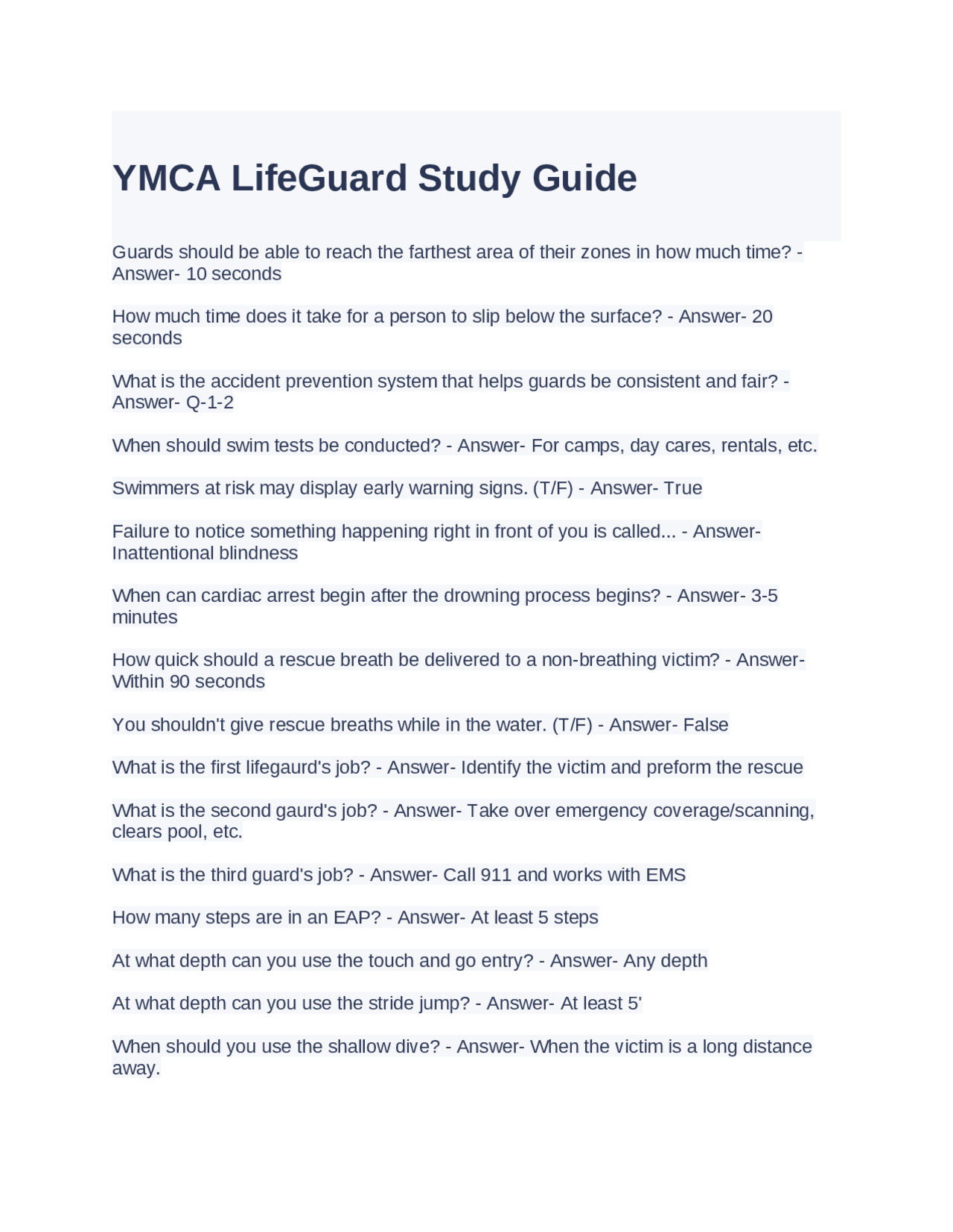 YMCA Lifeguard Study Guide: Essential Questions and Answers | Exams ...
