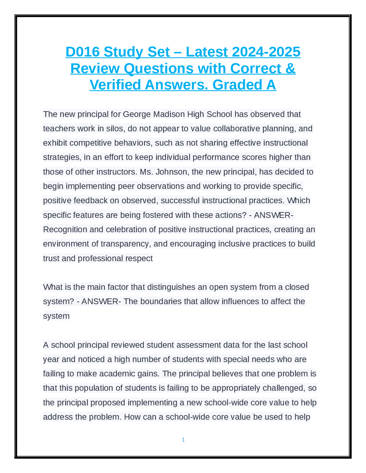 D016 Study Set – Latest 2024-2025 Review Questions with Correct ...