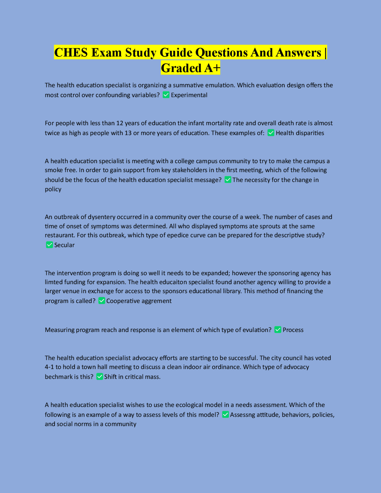 CHES Exam Study Guide Questions and Answers | Exams Health sciences | Docsity