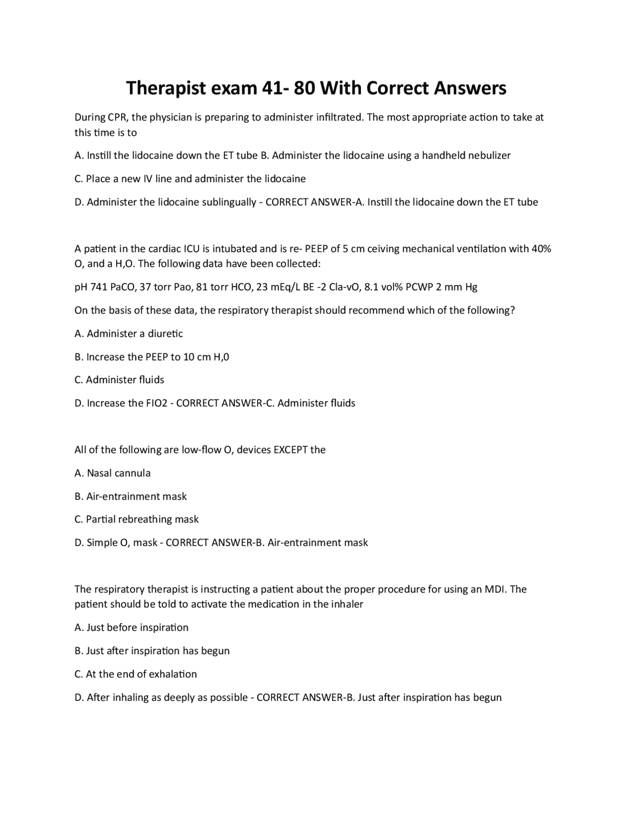 Therapist exam 41- 80 With Correct Answers | Exams Nursing | Docsity