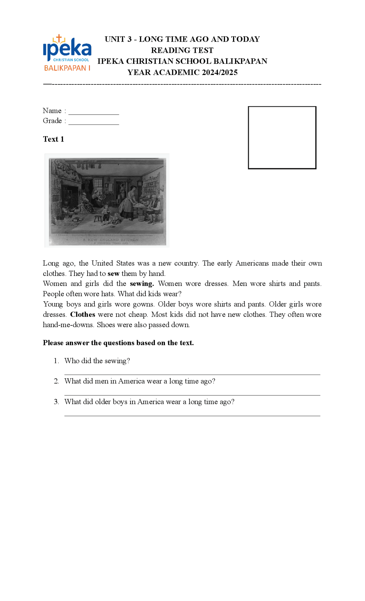 Reading Comprehension Test: Long Time Ago and Today | Assignments ...