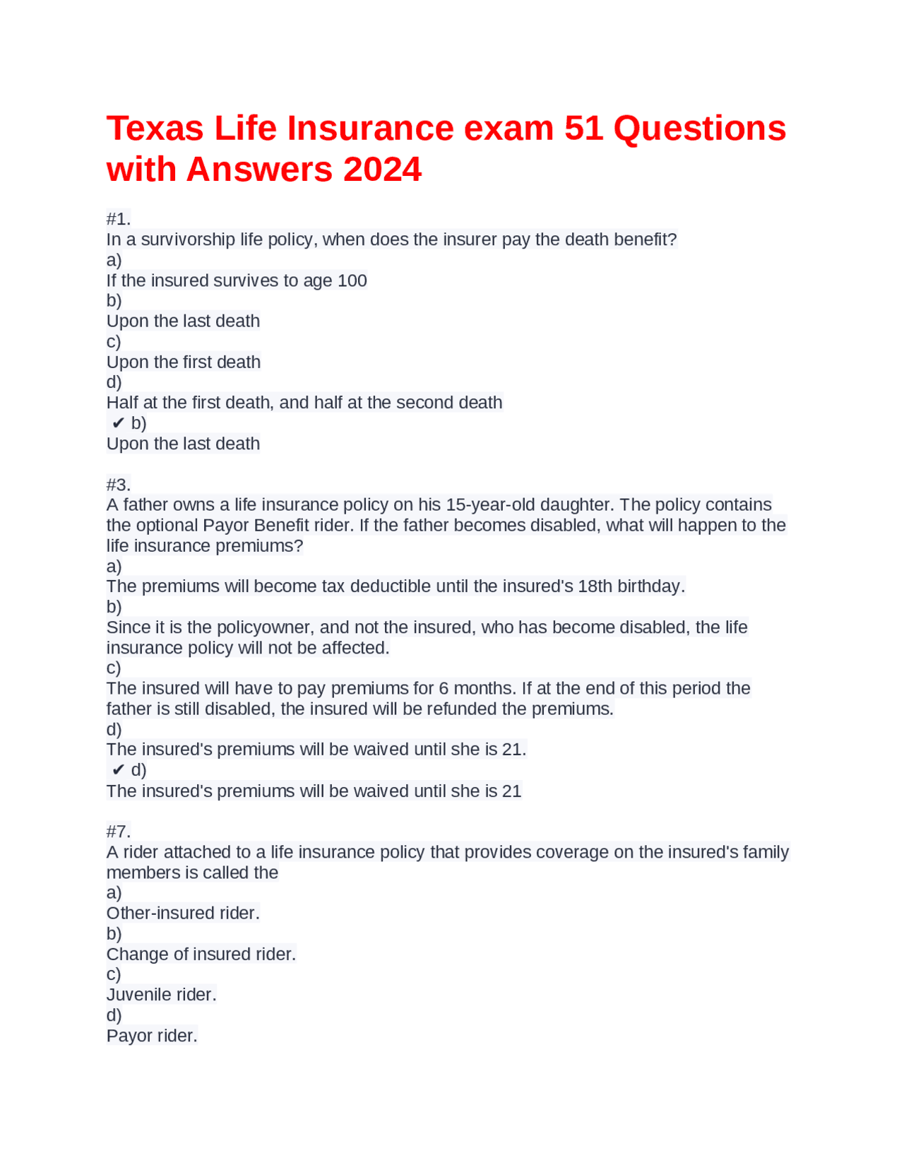 Texas Life Insurance Exam: 51 Questions with Answers (2024) | Exams ...