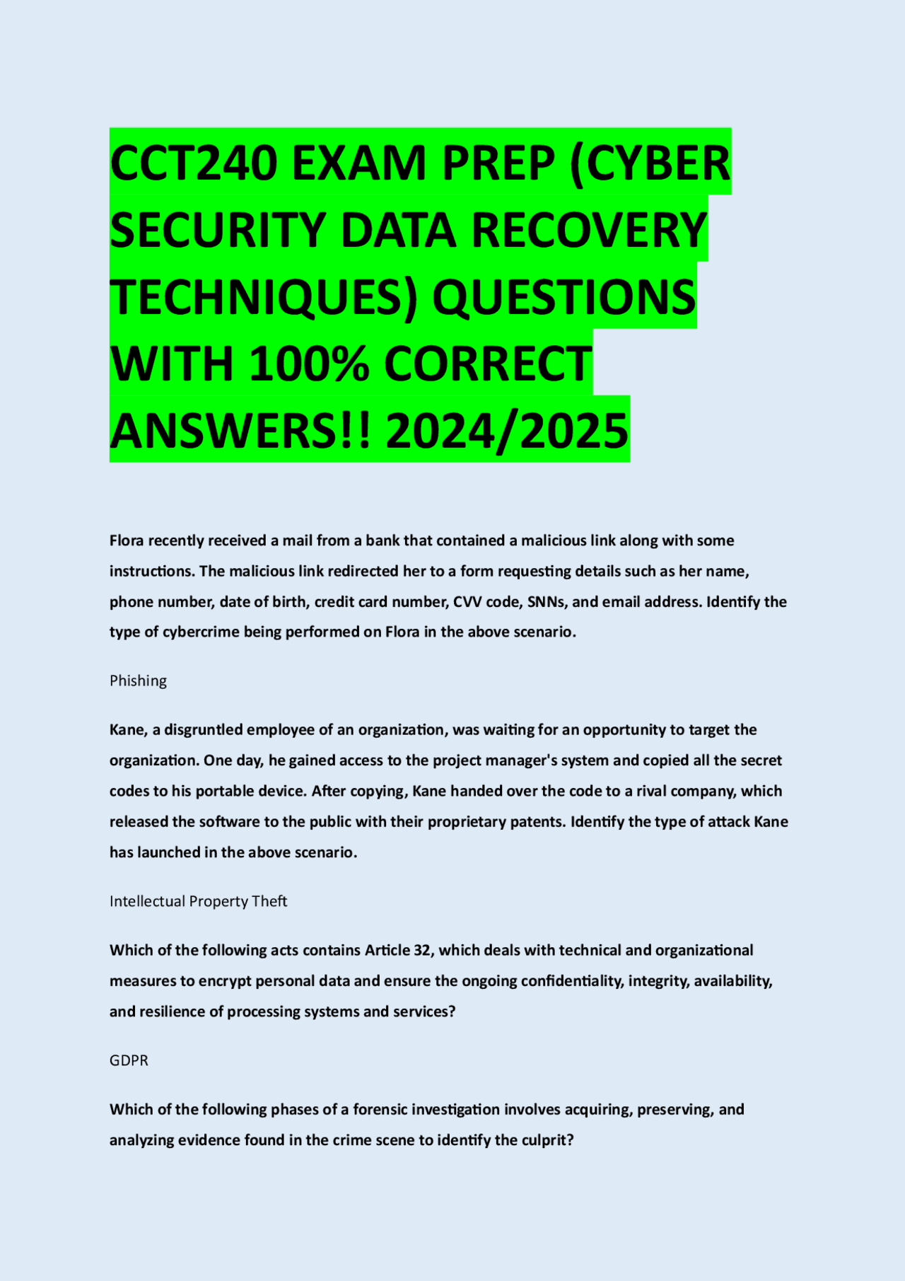 CCT240 EXAM PREP (CYBER SECURITY DATA RECOVERY TECHNIQUES) QUESTIONS WITH 100% CORRECT | Exams ...