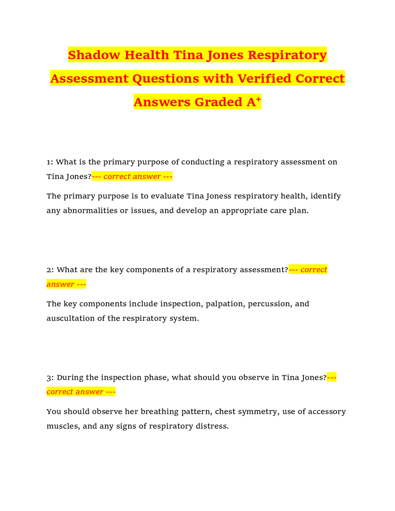 Shadow Health Tina Jones Respiratory Assessment Questions with Verified ...