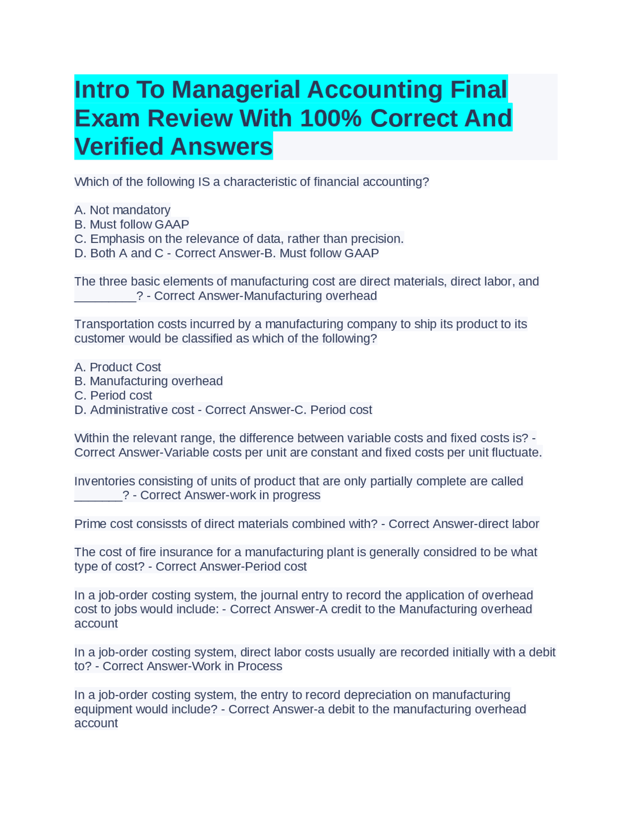Intro To Managerial Accounting Final Exam Review With 100% Correct And Verified Answers | Exams ...