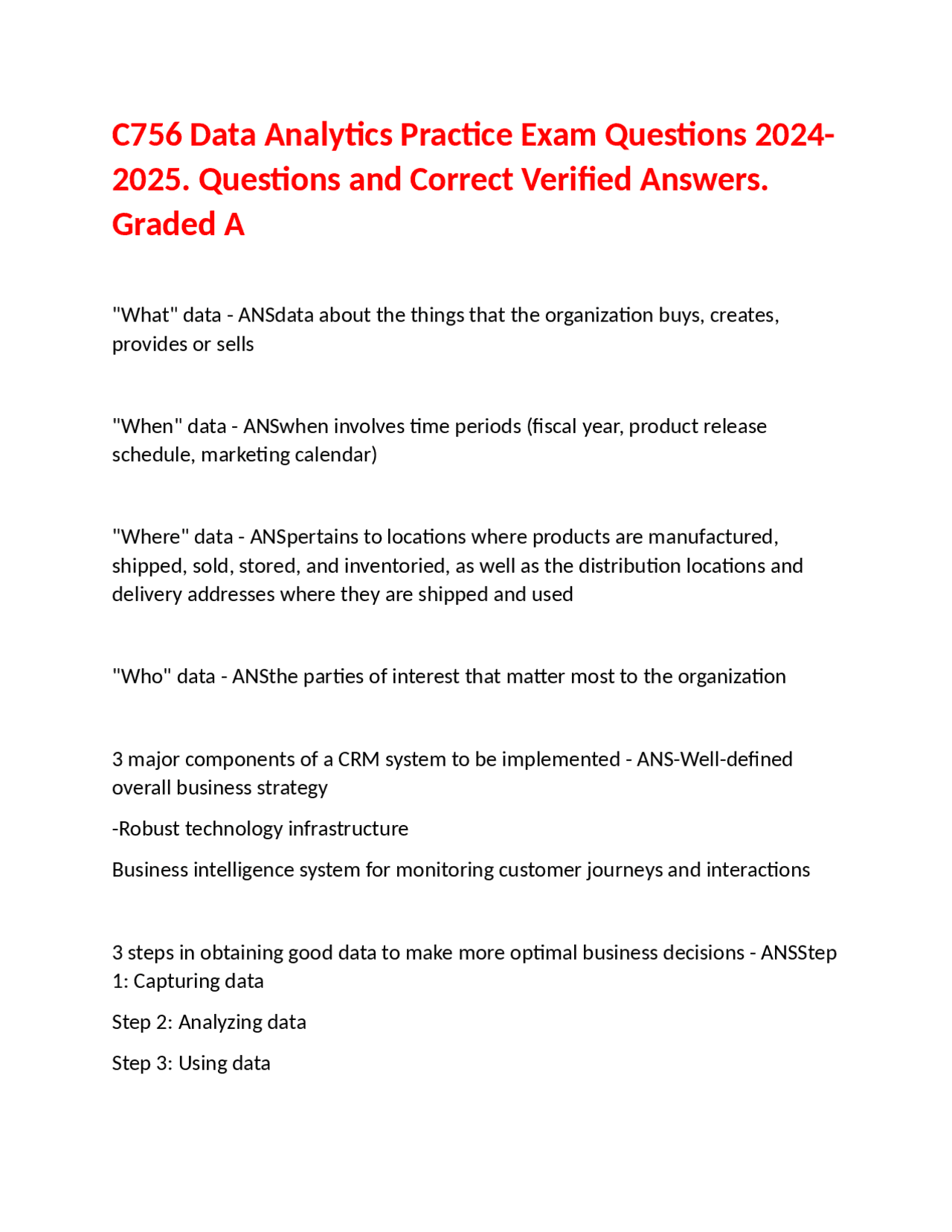 C756 Data Analytics Practice Exam Questions 2024-2025. Questions & Correct Answers.Grade A ...