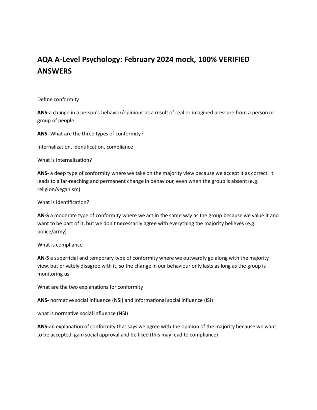 AQA A-Level Psychology: Conformity and Obedience - Mock Exam Answers ...