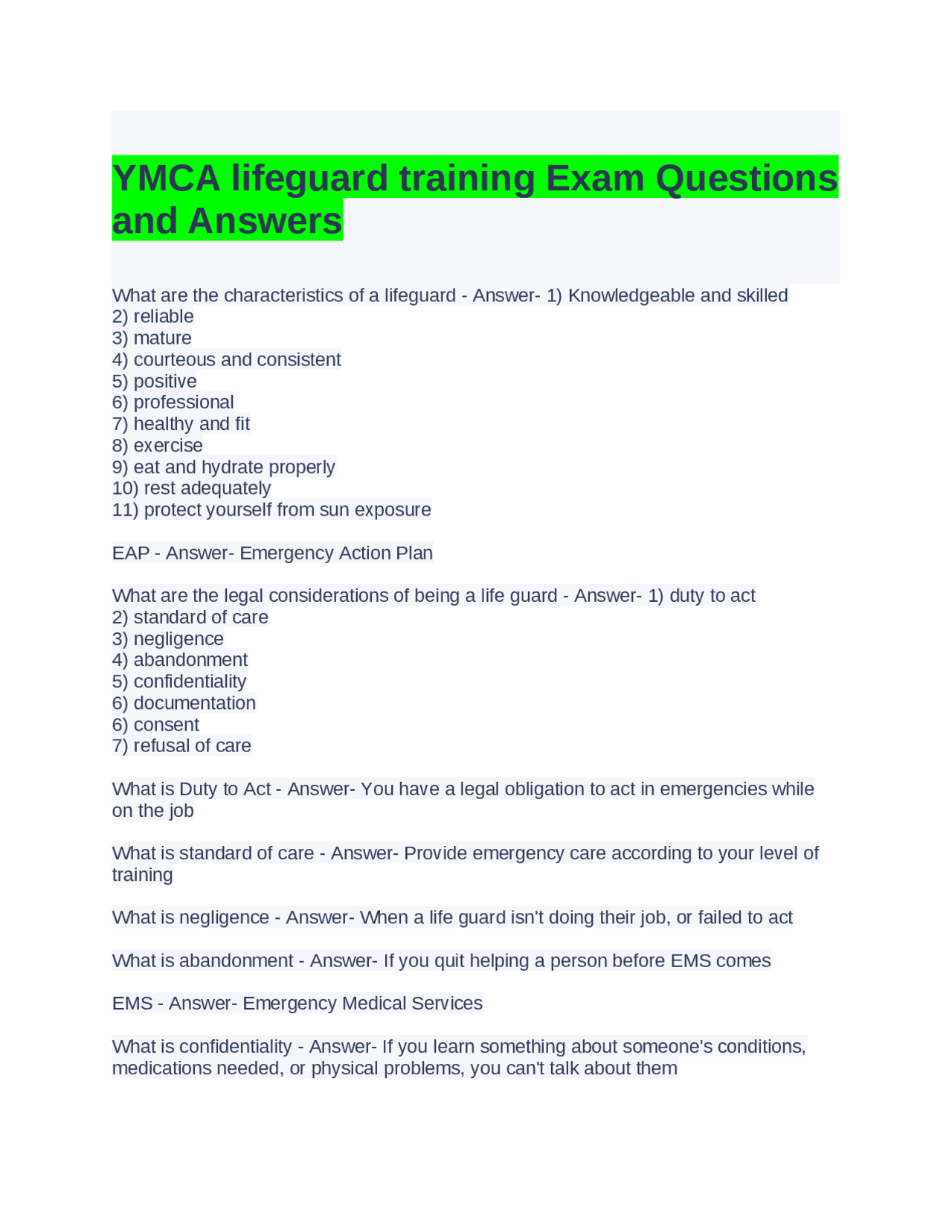 YMCA Lifeguard Training Exam Questions and Answers | Exams Advanced ...