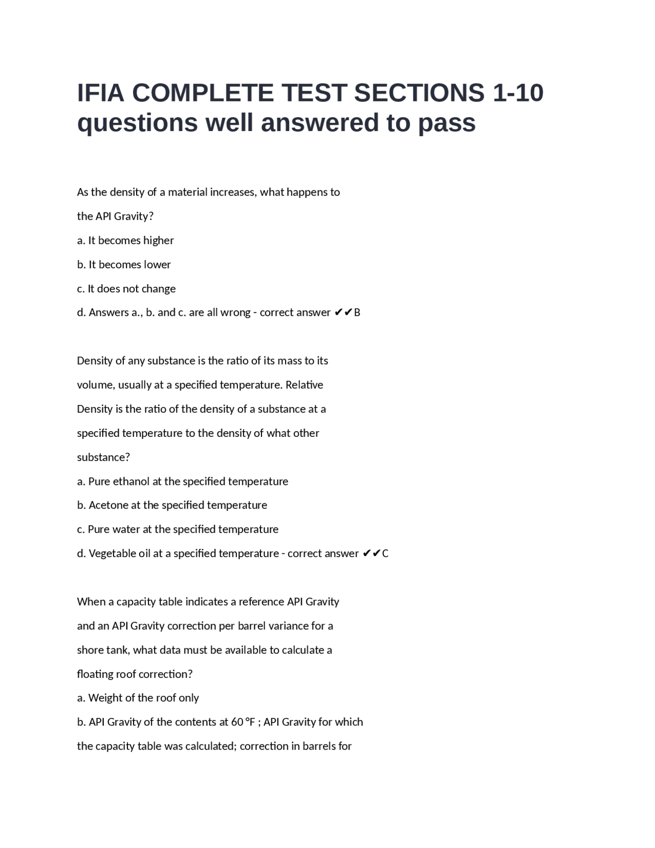 IFIA Complete Test Sections 1-10: Multiple Choice Questions and Answers ...
