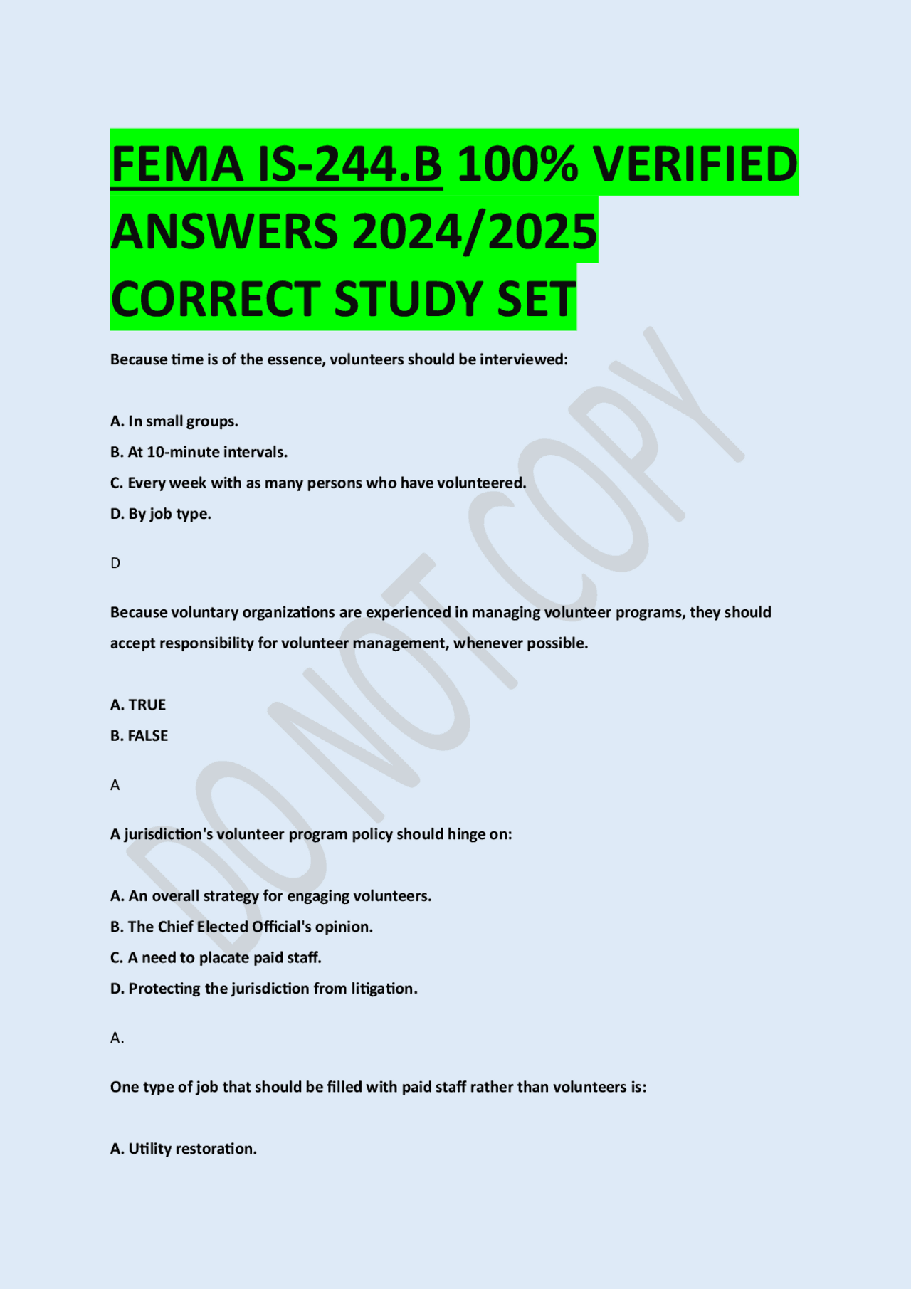 FEMA IS-244.B 100% VERIFIED ANSWERS 2024/2025 CORRECT STUDY SET | Exams ...