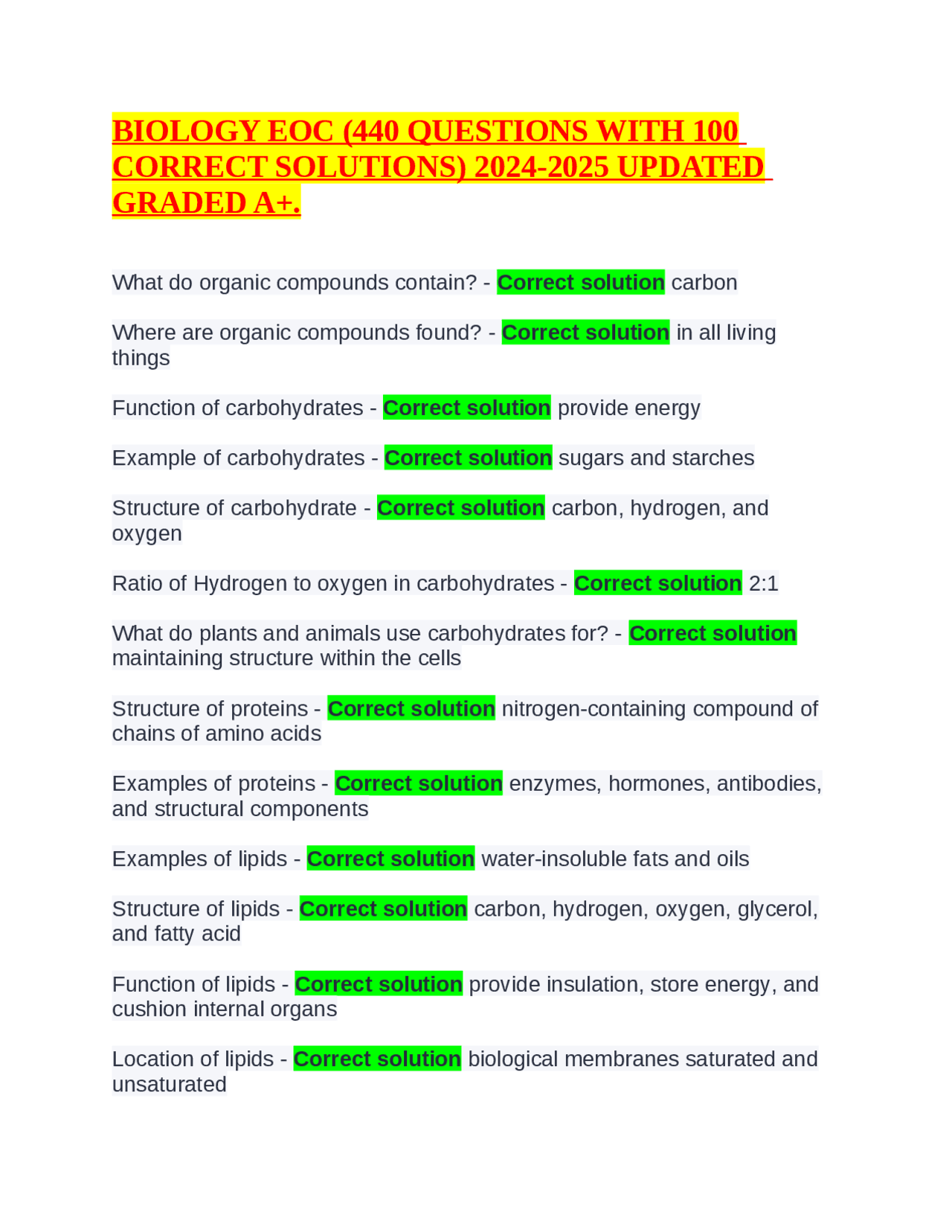 Biology EOC Review: 440 Questions and Answers for 2024-2025 | Exams ...