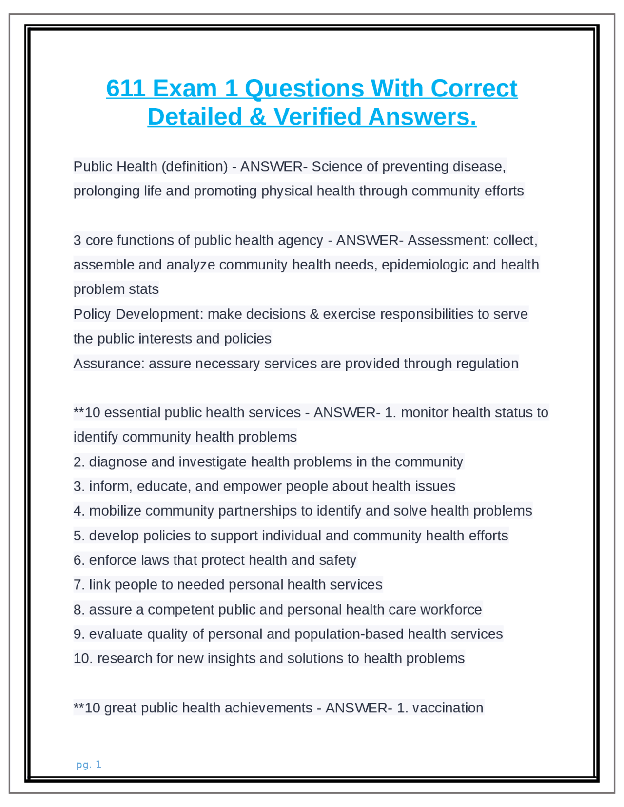 Public Health Exam 1 Questions and Answers | Exams Health sciences ...