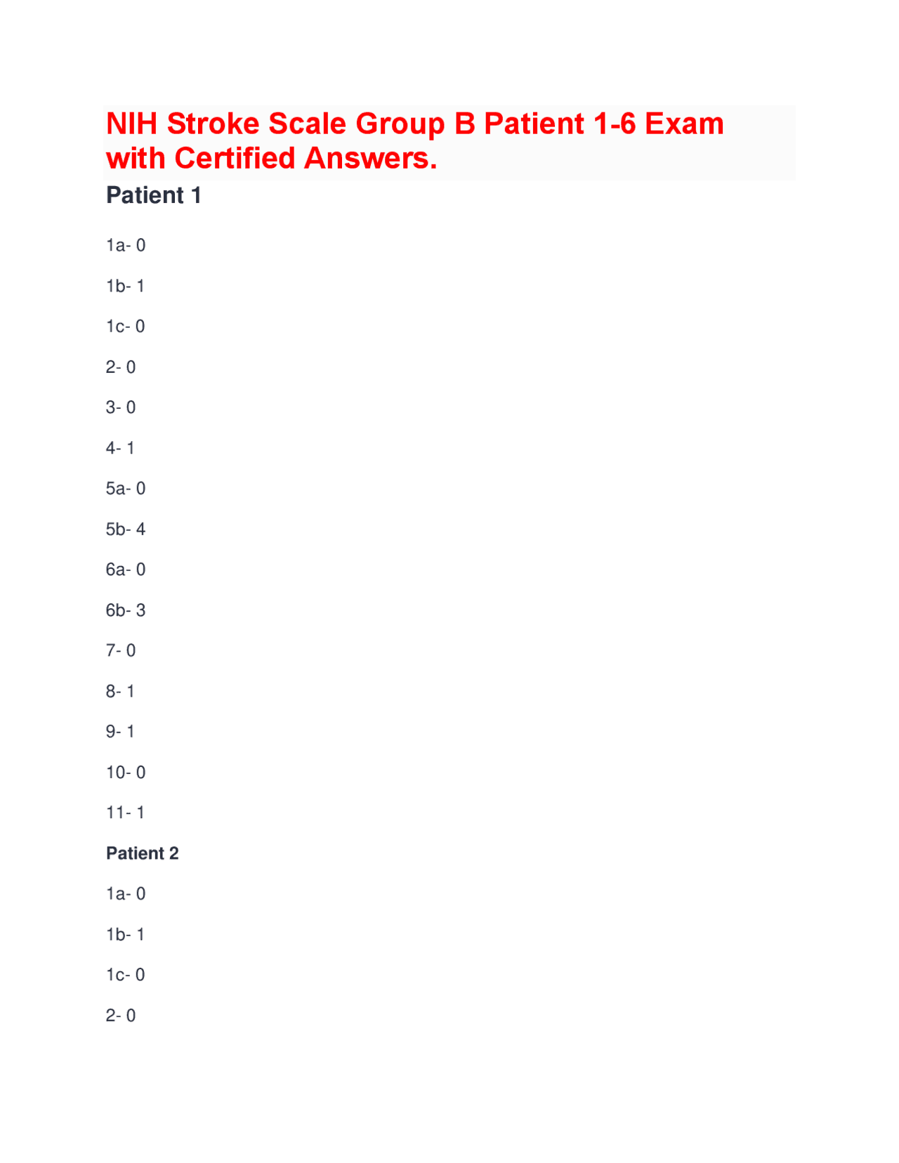 NIH Stroke Scale Group B Patient 1-6 Exam with Certified Answers ...
