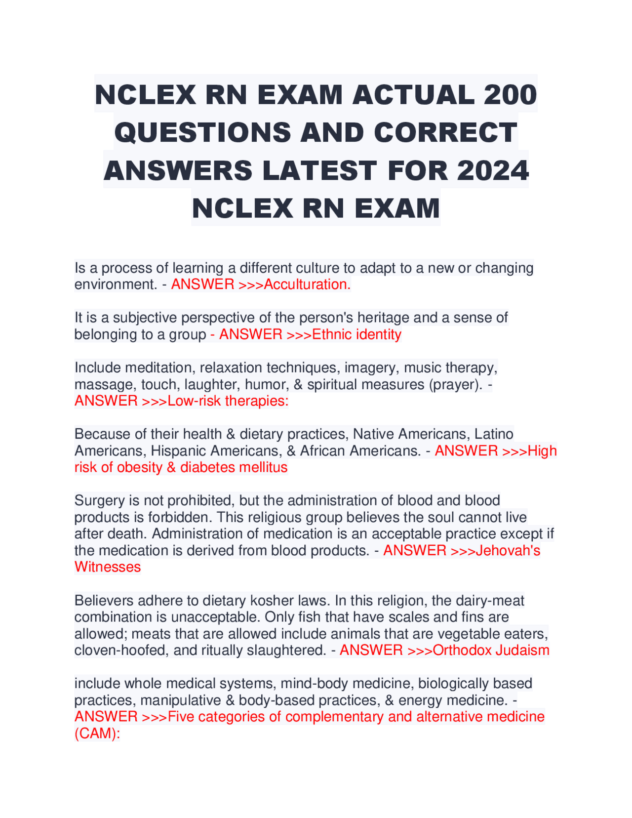 NCLEX RN EXAM ACTUAL 200 QUESTIONS AND CORRECT ANSWERS LATEST FOR 2024 ...