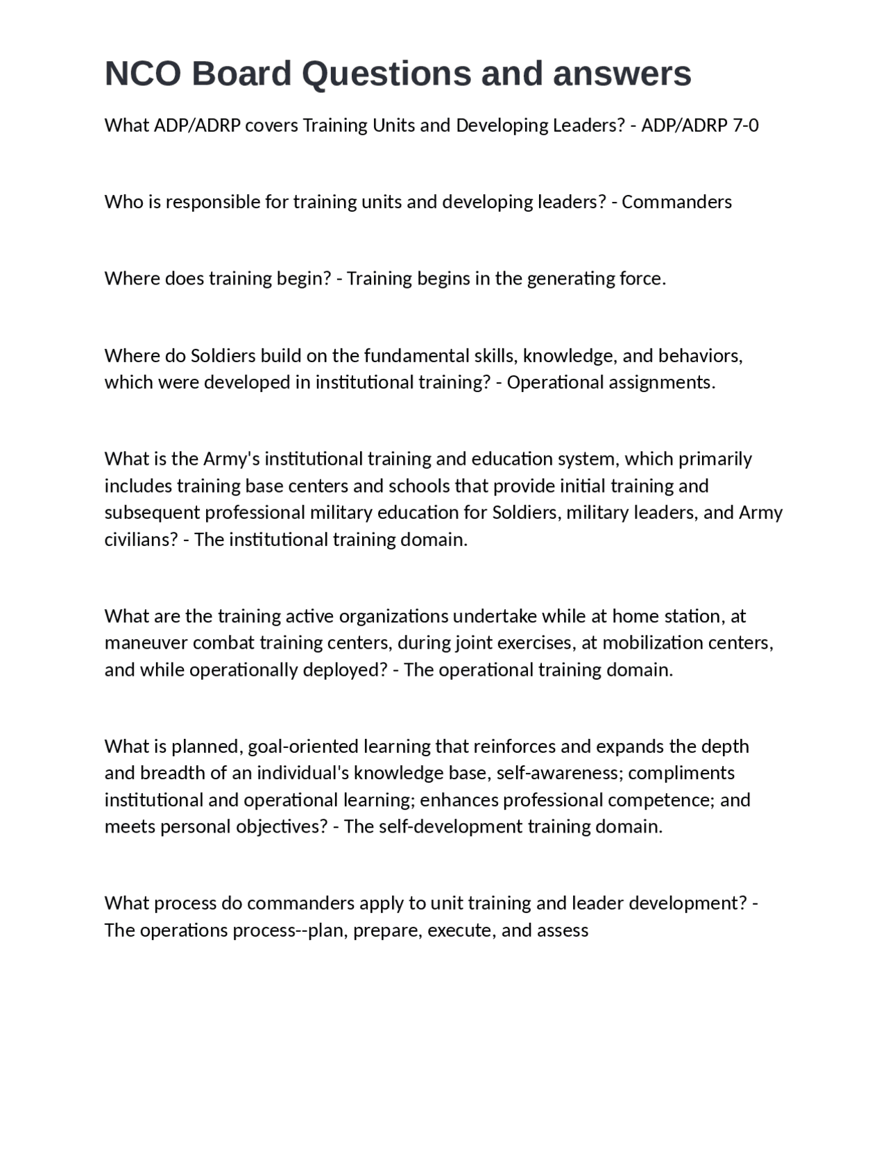 NCO Board Questions & Answers: Army Leadership, Training, and ...