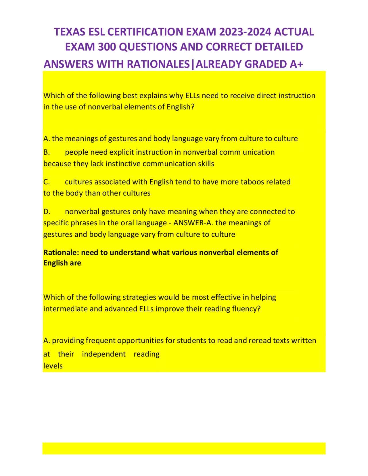 Texas ESL Certification Exam 2023-2024: Practice Questions and Answers ...