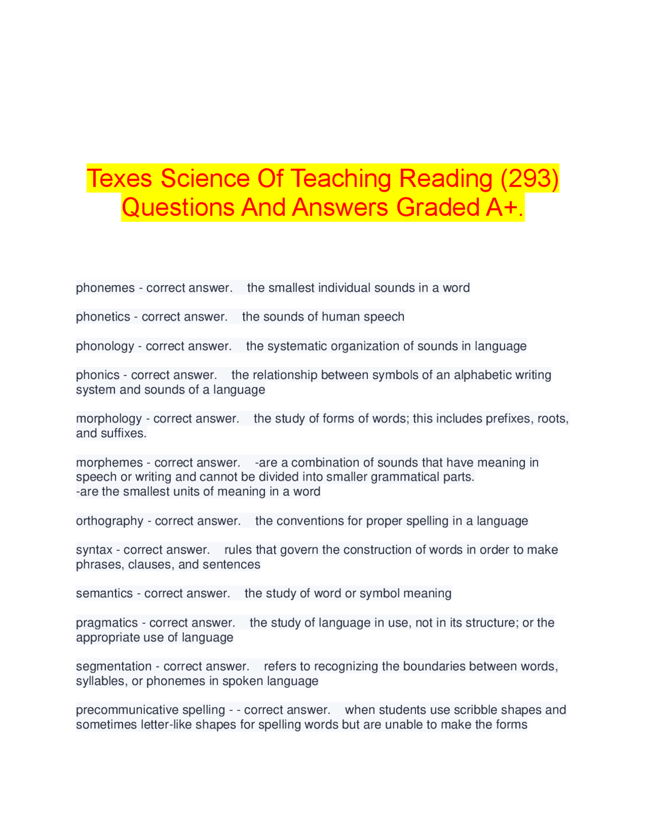 Texas Science Of Teaching Reading (293) Questions And Answers Graded A+ ...