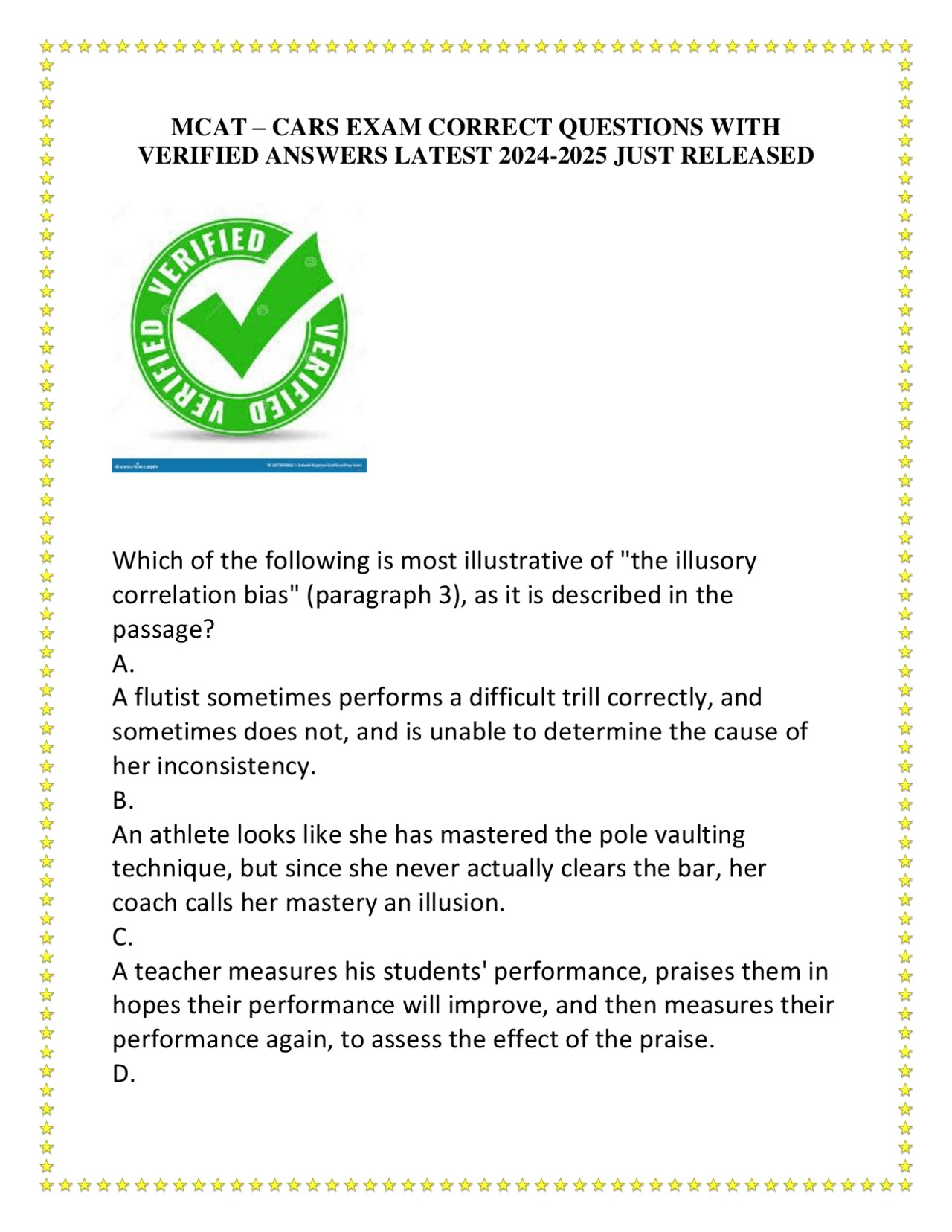 MCAT - CARS Exam Correct Questions with Verified Answers | Exams ...