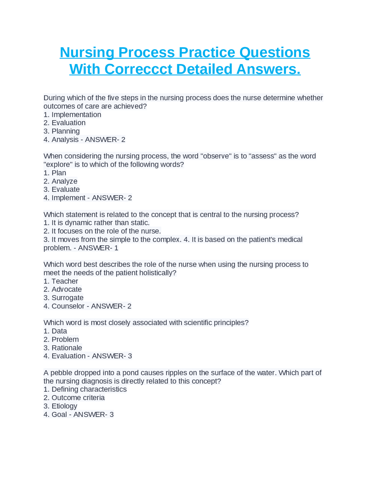 Nursing Process Practice Questions with Correct Detailed Answers ...