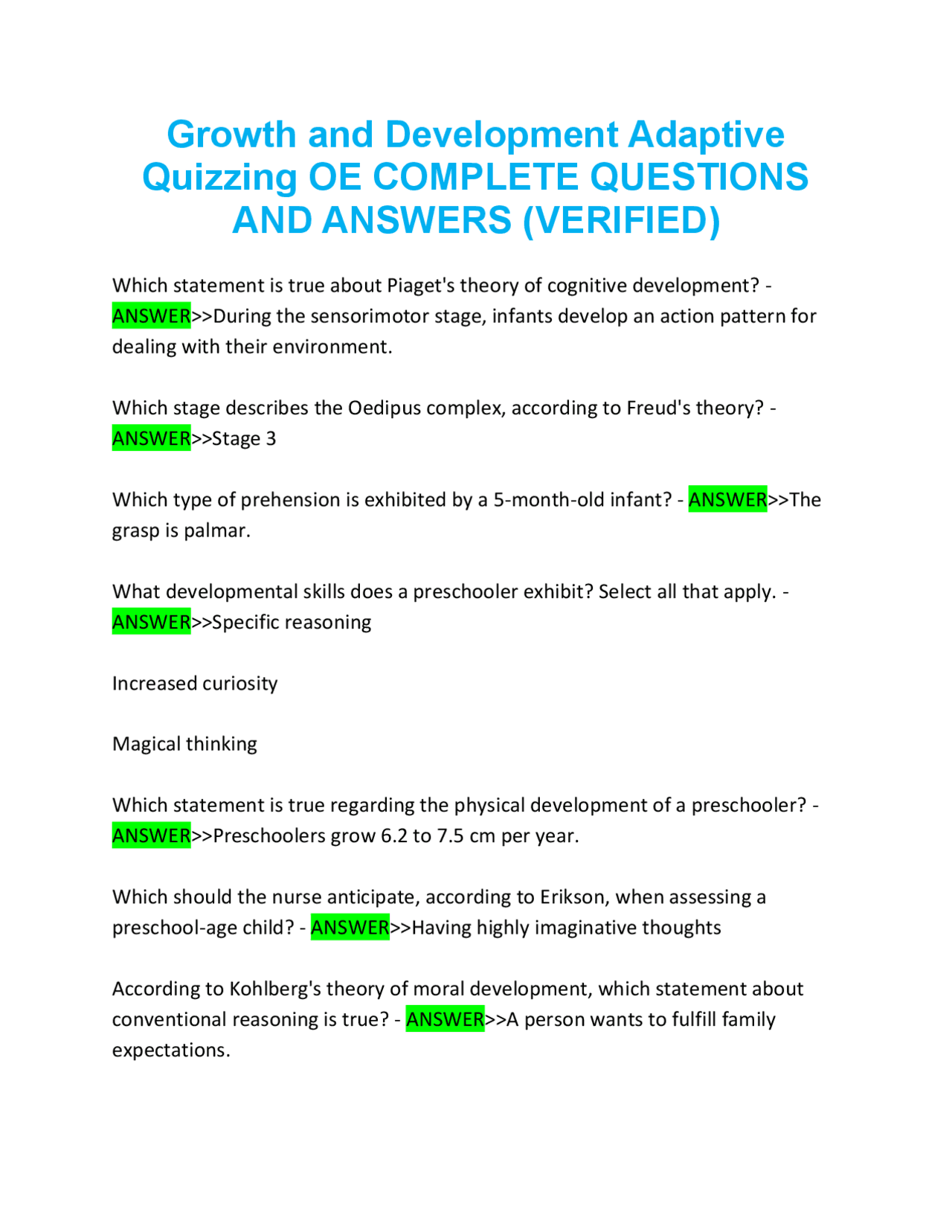 Growth and Development Adaptive Quizzing OE COMPLETE QUESTIONS AND ...