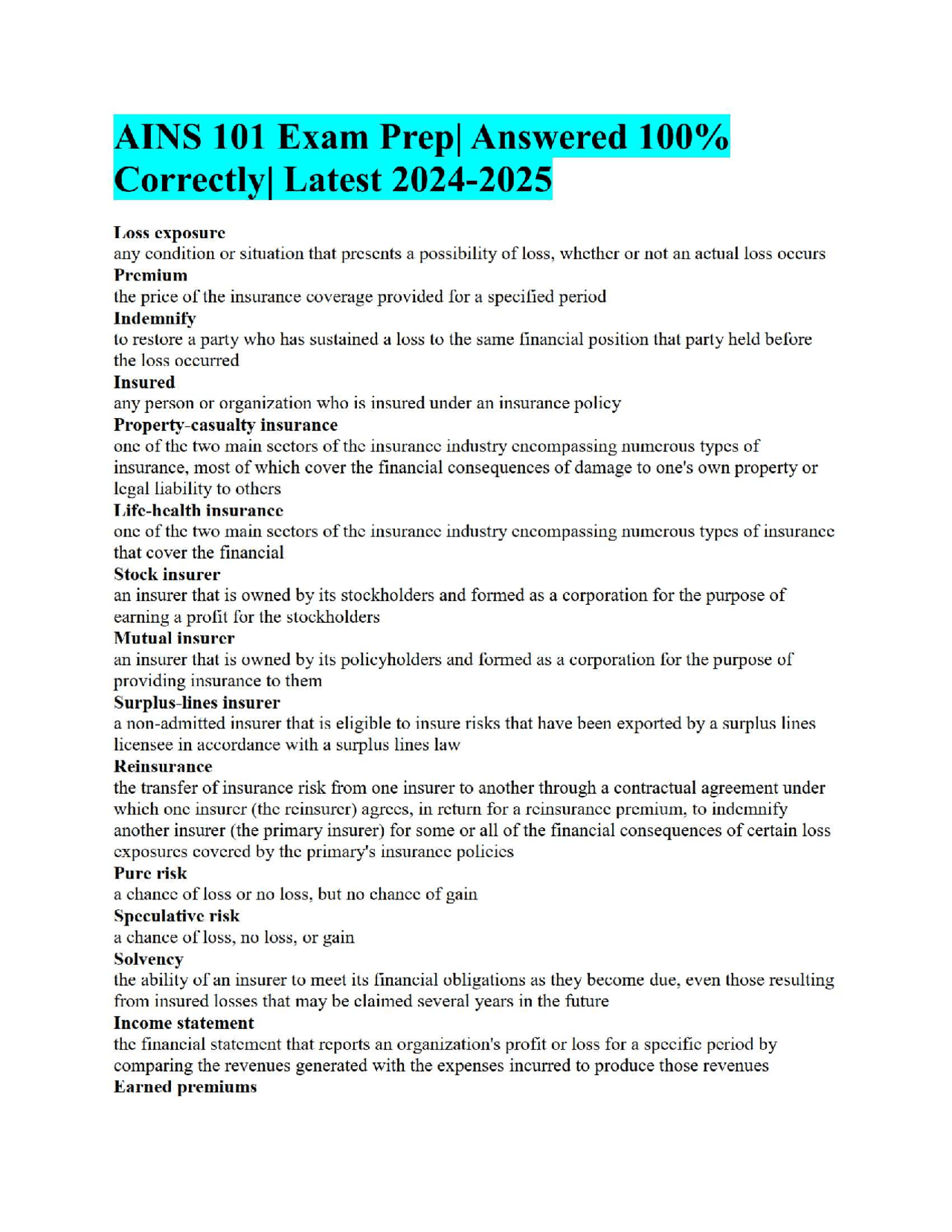 AINS 101 Exam Prep| Answered 100% Correctly| Latest 2024-2025 | Exams ...