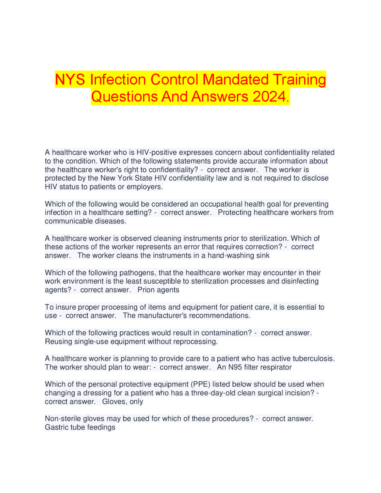 NYS Infection Control Mandated Training: Questions and Answers 2024 ...