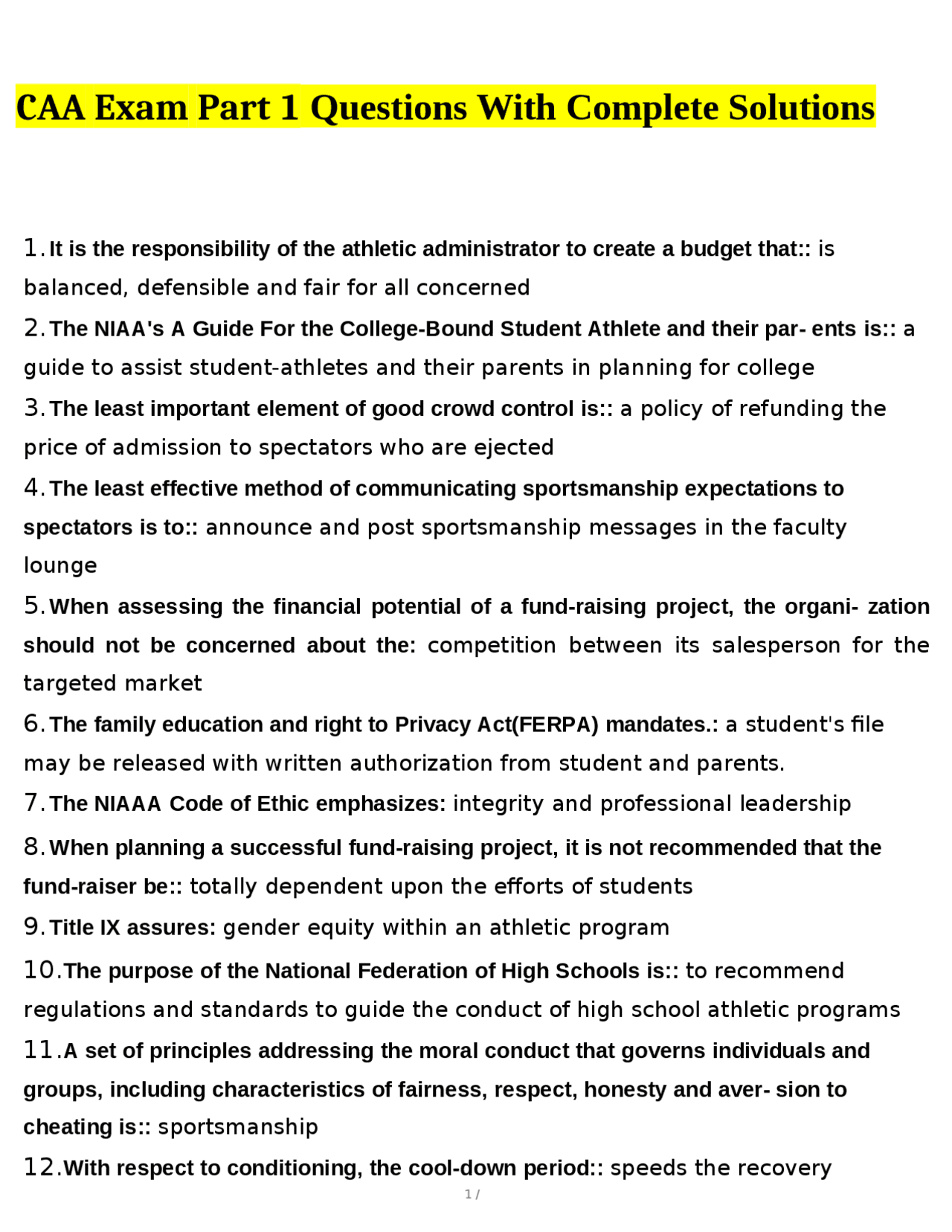 CAA Exam Part 1 Questions With Complete Solutions | Exams Sport Studies ...