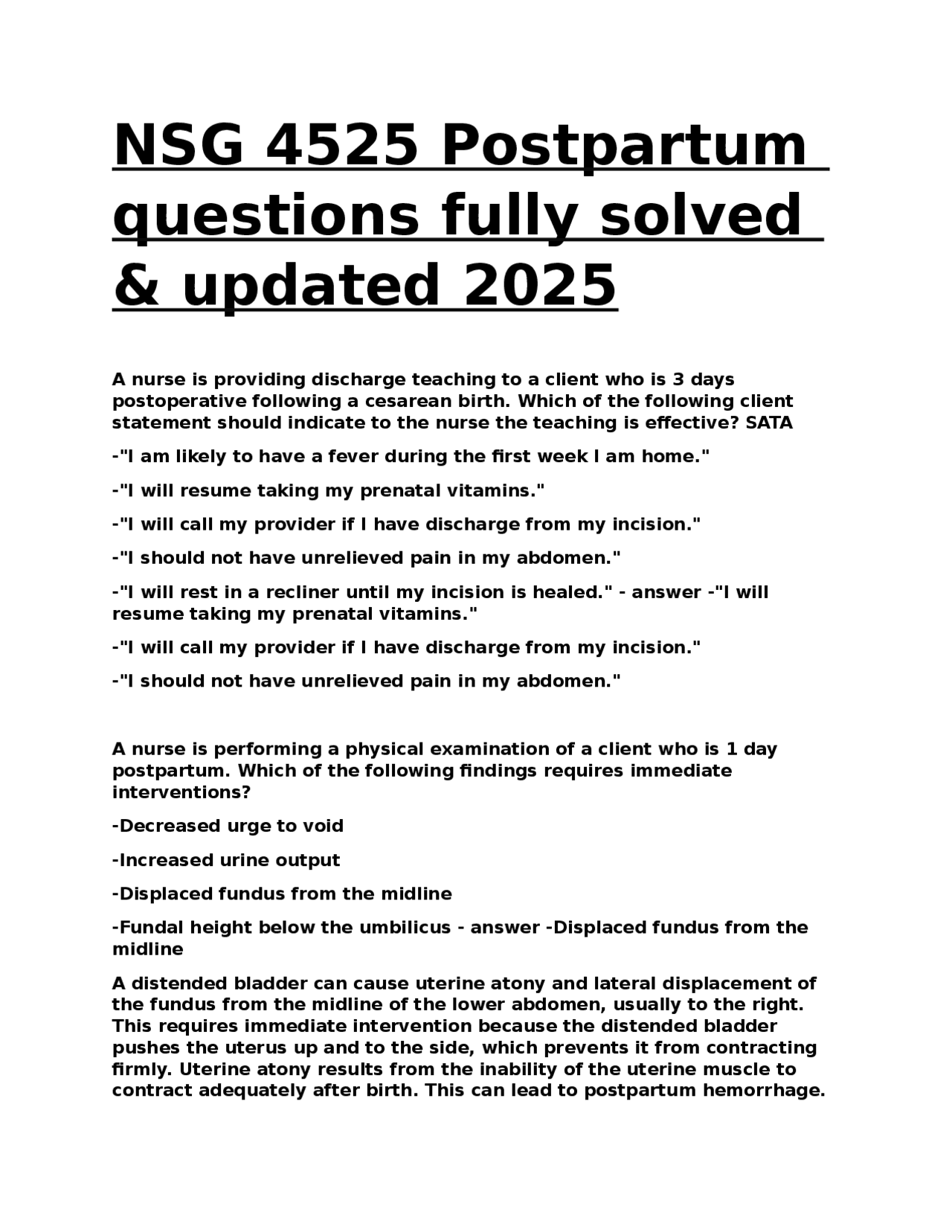 Postpartum Nursing: Multiple Choice Questions and Answers | Exams ...