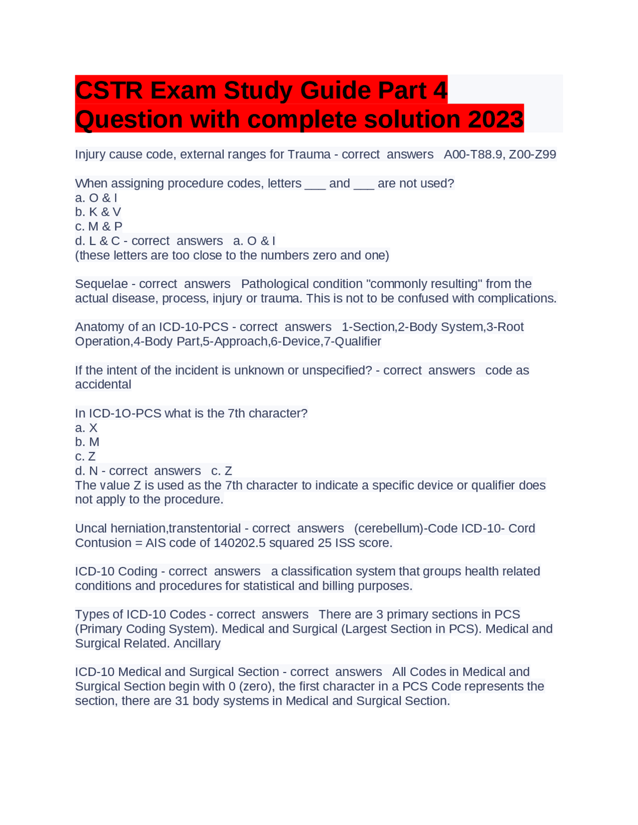 CSTR Exam Study Guide Part 4: ICD-10 Coding and Trauma | Exams Nursing | Docsity