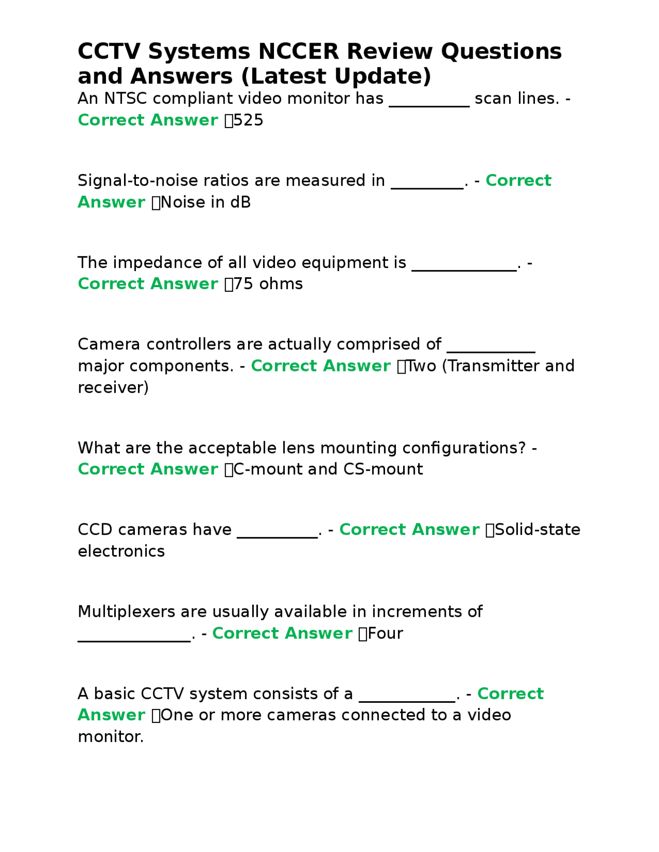 CCTV Systems NCCER Review Questions and Answers | Exams Nursing | Docsity
