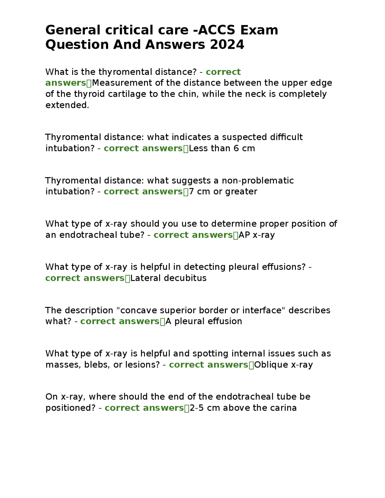 General Critical Care - ACCS Exam: Questions and Answers 2024 | Exams ...