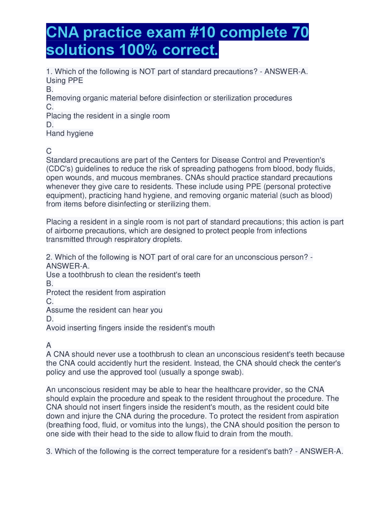 CNA Practice Exam #10: Comprehensive Review of Key Concepts | Exams Nursing | Docsity