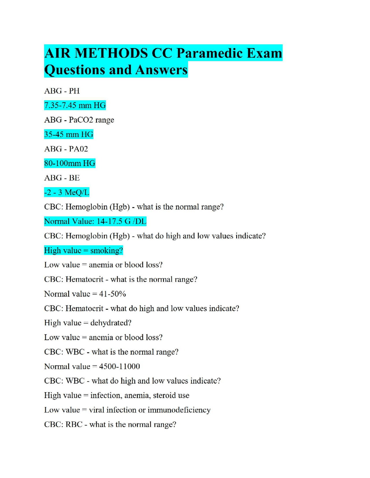 AIR METHODS CC Paramedic Exam Questions and Answers | Exams Health ...