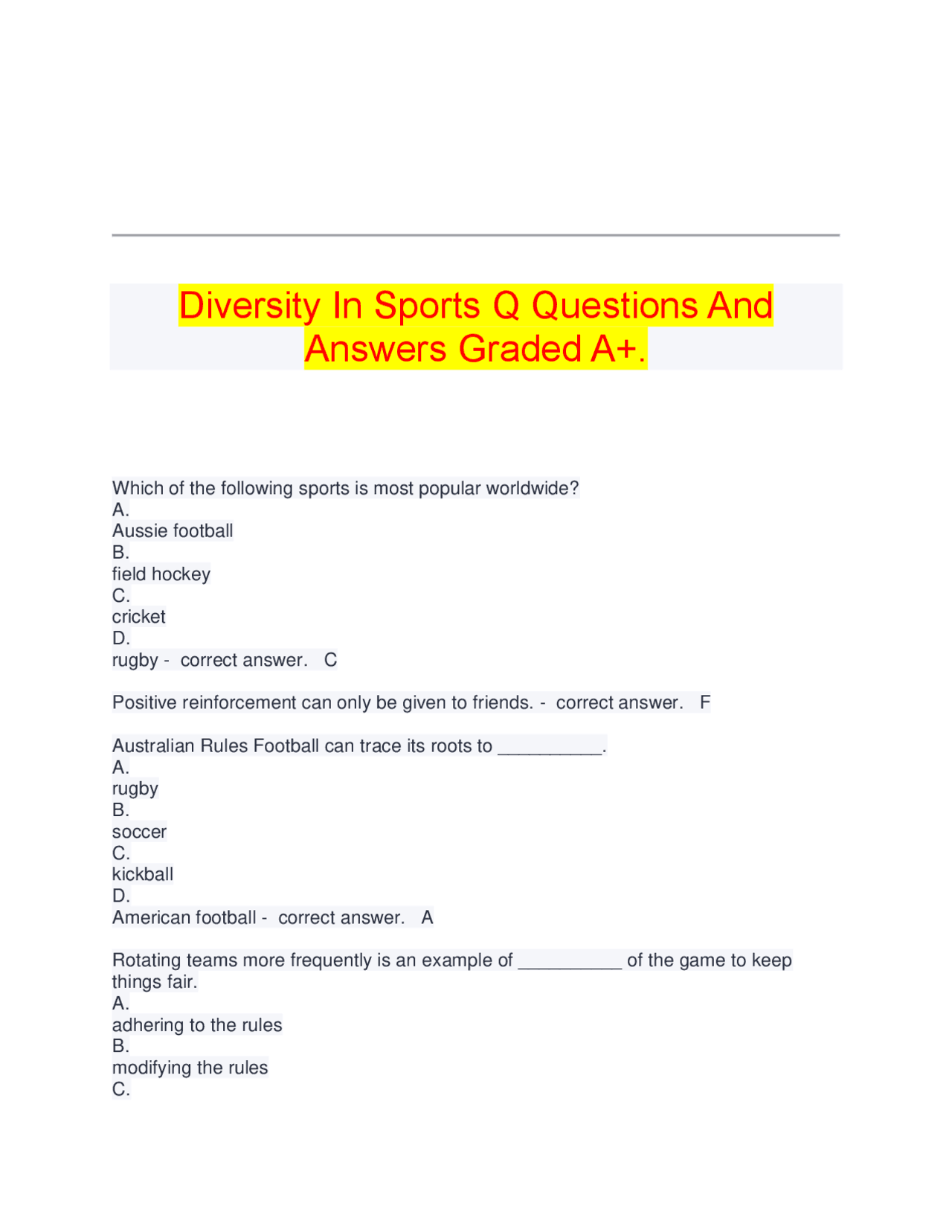 Diversity in Sports: Multiple Choice Questions and Answers | Exams ...