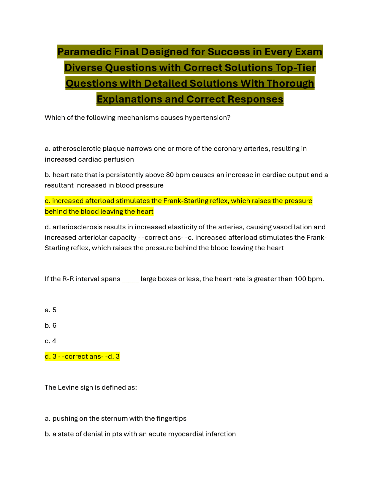 Paramedic Final Exam Preparation: Multiple Choice Questions and Answers ...