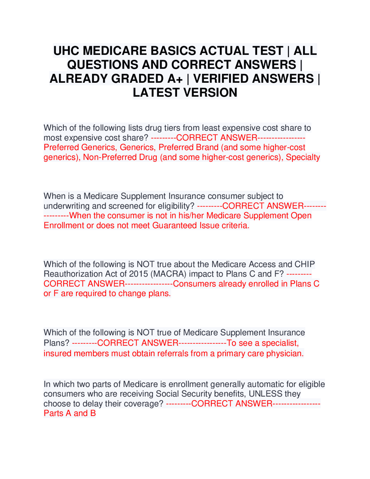 Medicare Basics: Practice Questions and Answers | Exams Nursing | Docsity