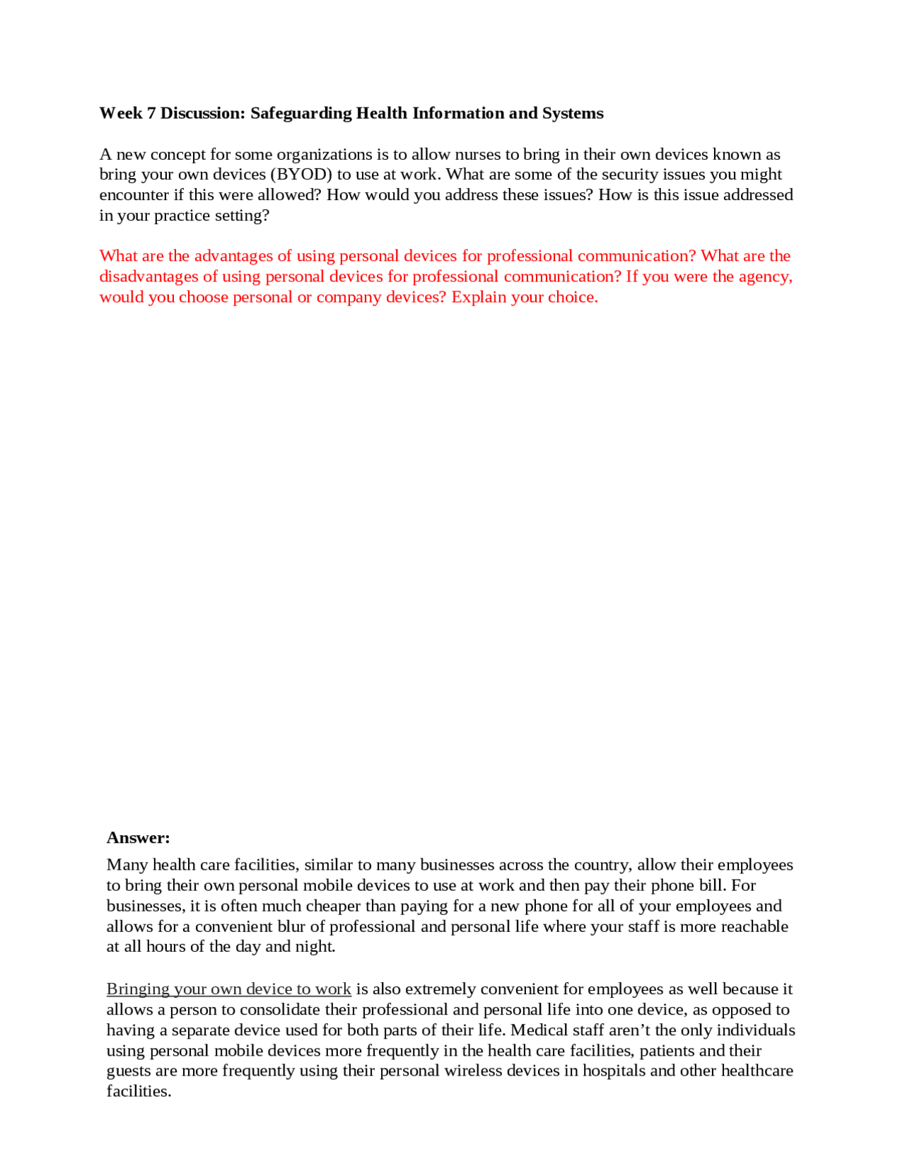 BYOD in Healthcare: Security, Privacy, and Ethical Considerations | Assignments Nursing | Docsity