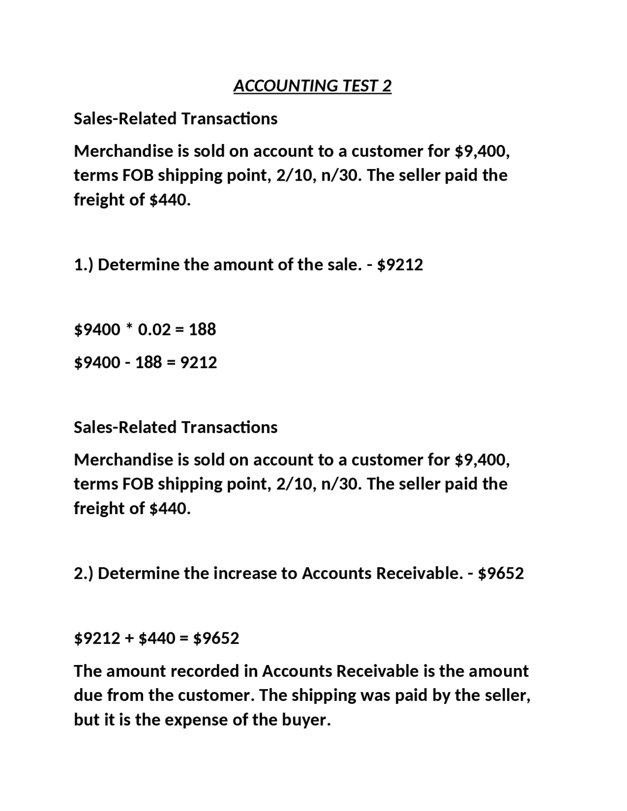 Accounting Test 2: Sales-Related Transactions, Sales Tax, and Internal ...