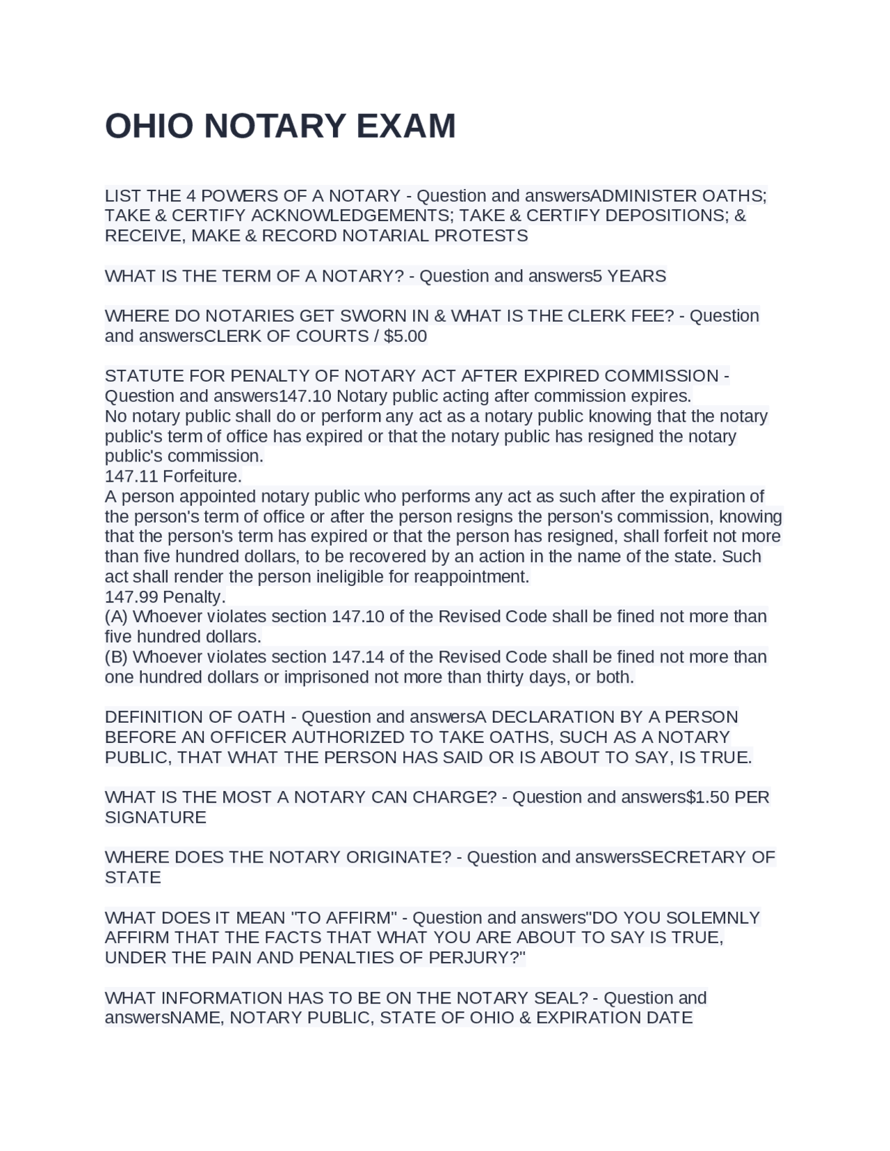 Ohio Notary Exam: Questions and Answers | Exams Nursing | Docsity