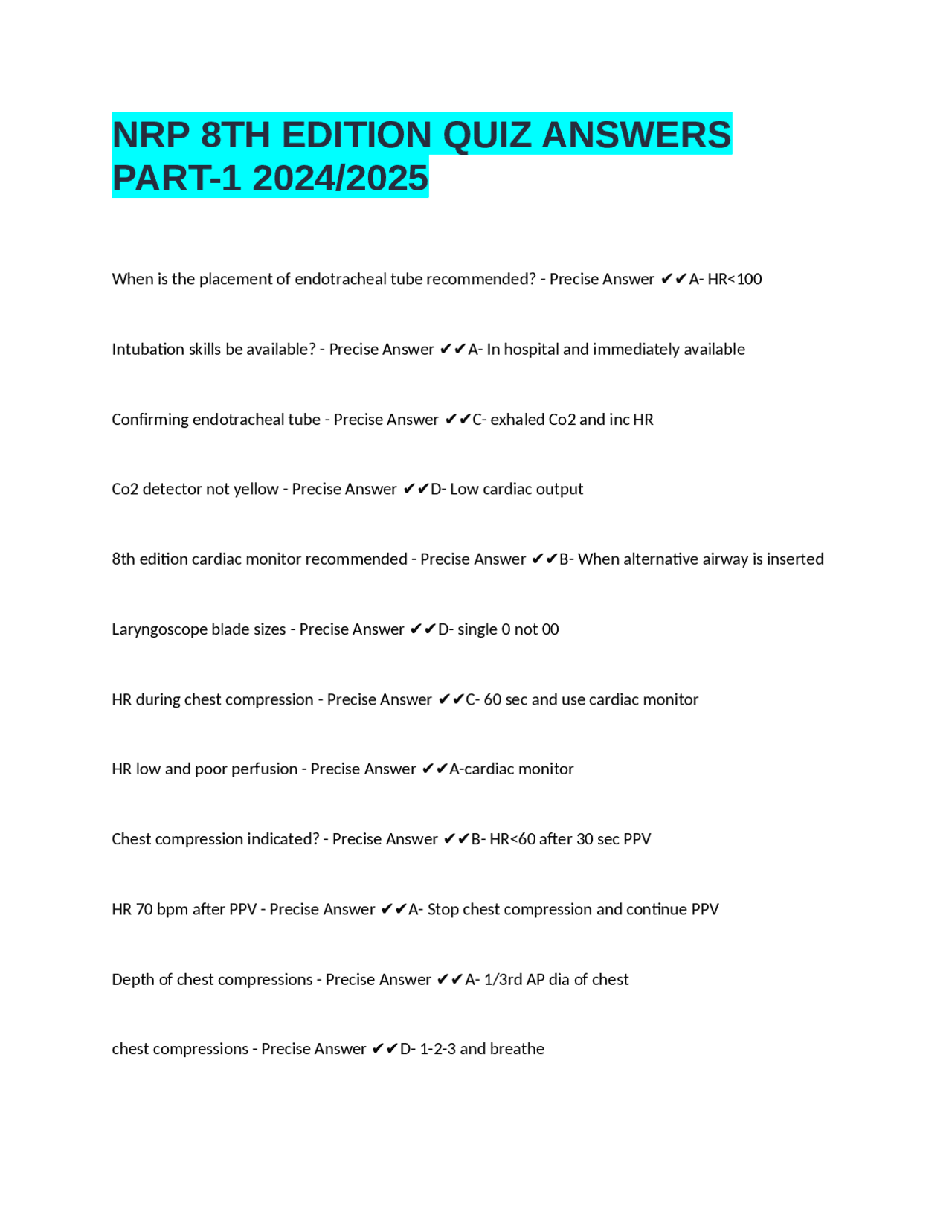 NRP 8TH EDITION QUIZ ANSWERS PART-1 2024/2025 | Exams Nursing | Docsity