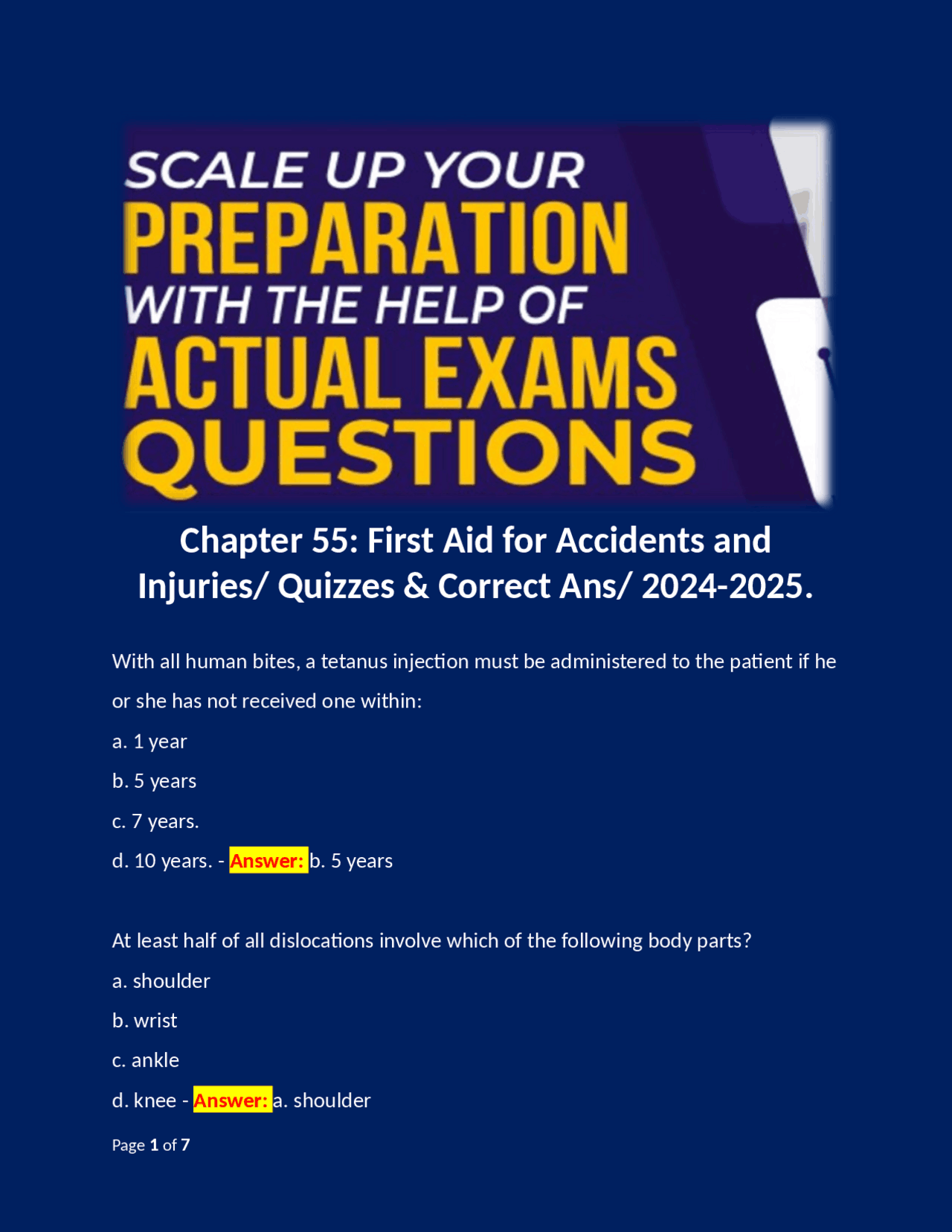 First Aid for Accidents and Injuries: Quizzes and Correct Answers ...