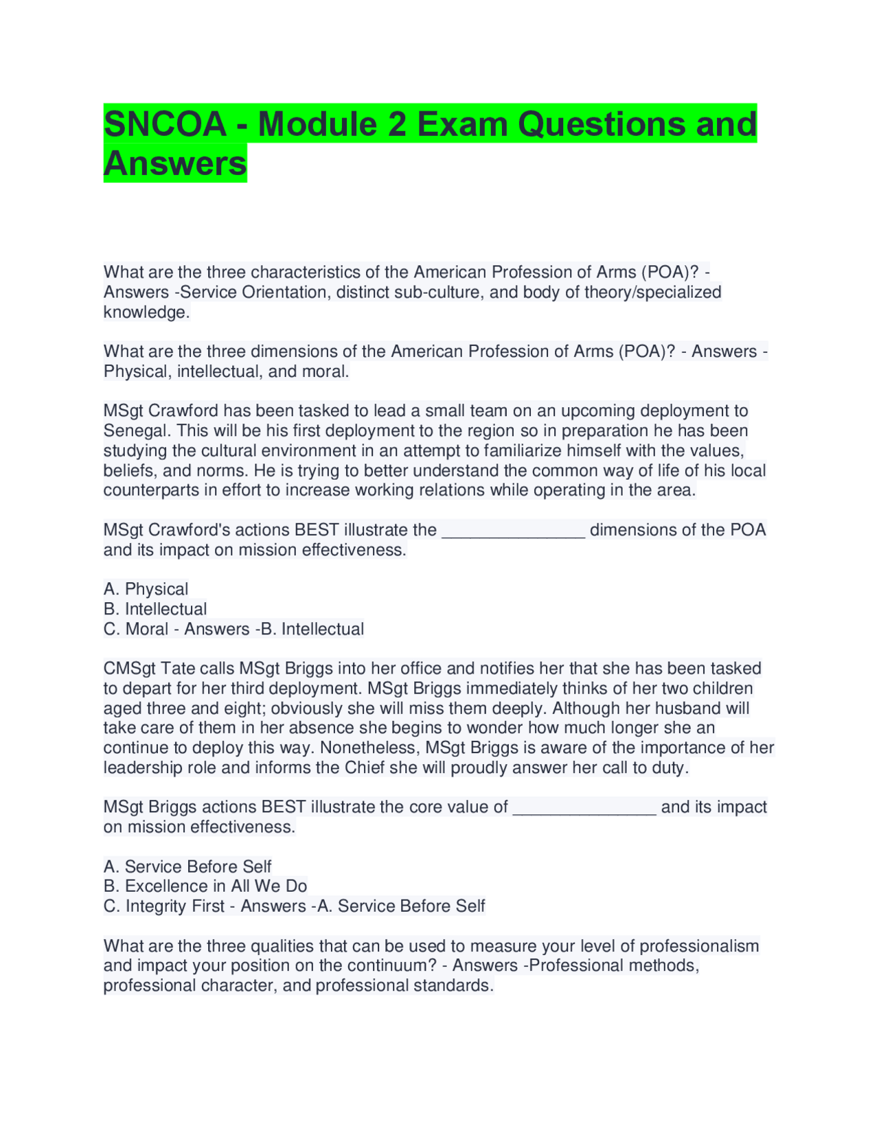 SNCOA - Module 2 Exam Questions and Answers: A Guide to the American ...