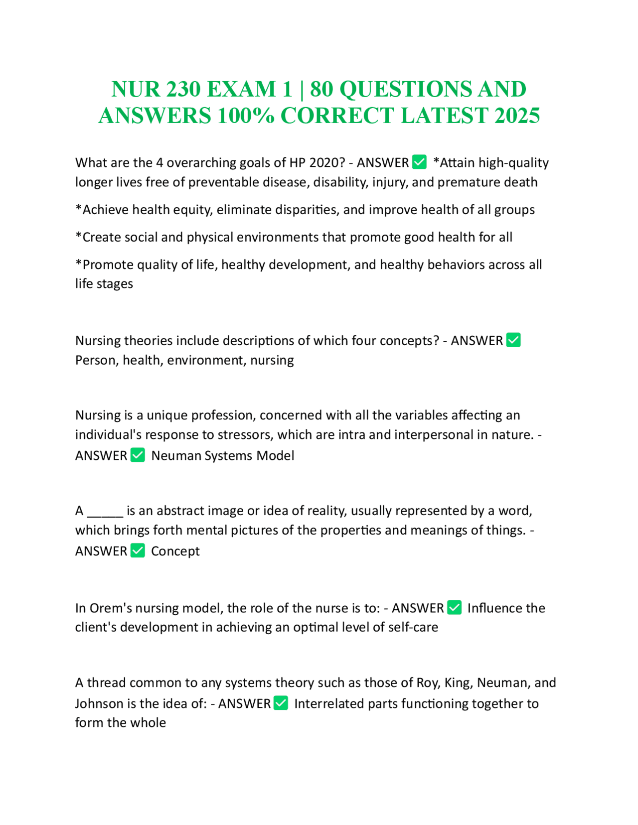 NUR 230 Exam 1: 80 Questions and Answers - Nursing Theories and Concepts | Exams Nursing | Docsity